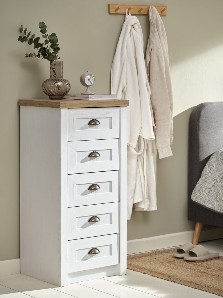 Comodă 5 sertare MARKSKEL alb/stejar